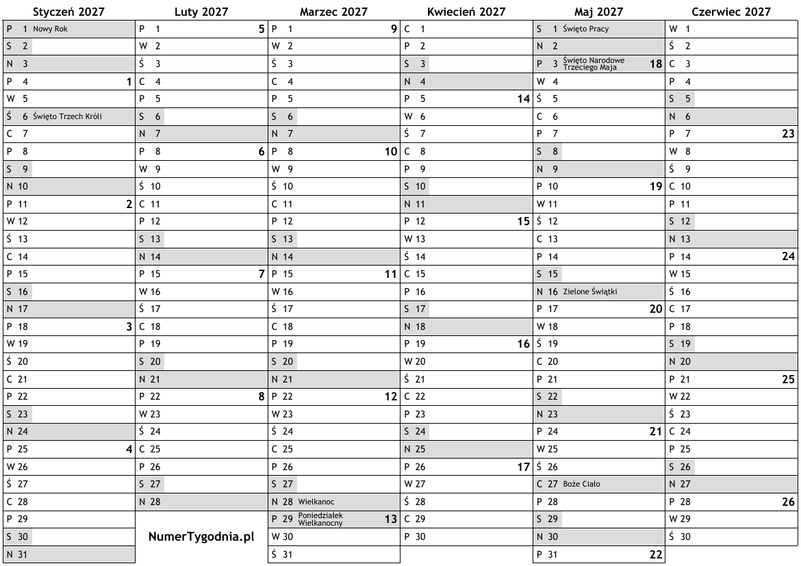 Kalendarz 2027 z numerami tygodni … darmowy kalendarz na rok do druku, PDF